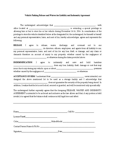 Parking Waiver Pdf Indemnity Civil Law Legal System