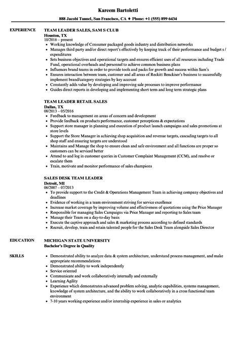 Team Leader Sales Resume Samples Velvet Jobs