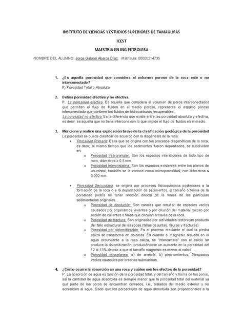 Examen Comportamiento De Yacimientos Jgad 08 01 23 Pdf Roca Geología Permeabilidad