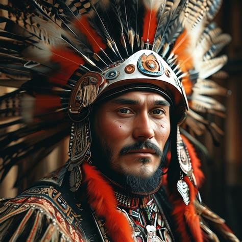 A Man In A Costume With Feathers And A Feather On His Head Premium Ai