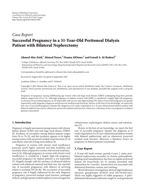 Pdf Successful Pregnancy In A 31 Year Old Peritoneal Dialysis Patient With Bilateral Nephrectomy