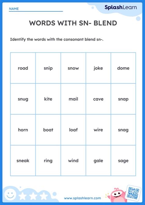 Words With Consonant Blend Sn — Printable Ela Worksheet