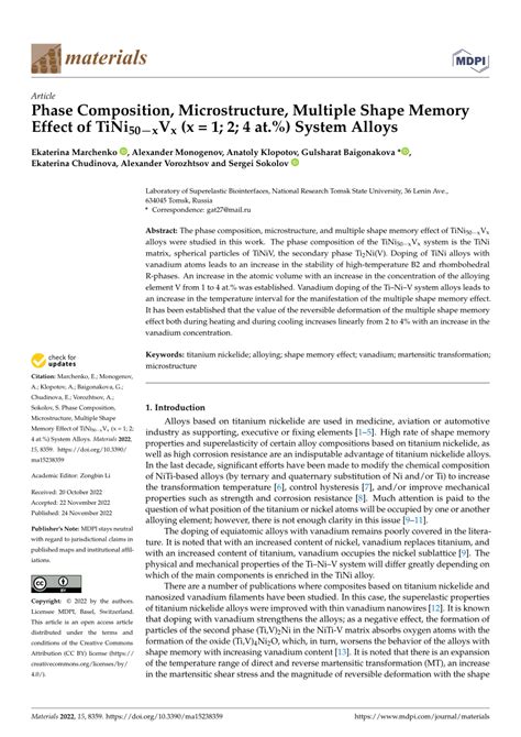 Pdf Phase Composition Microstructure Multiple Shape Memory Effect Of Tini50−xvx X 1 2 4