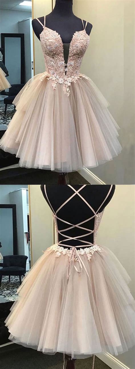 Sweet Cute Short Homecoming Dresses Deep V Neck Spaghetti Strap Lace