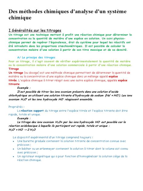 Ch3 Des Methodes Chimiques Danalyse Dun Systeme Chimique Pdf Titrage Chimie
