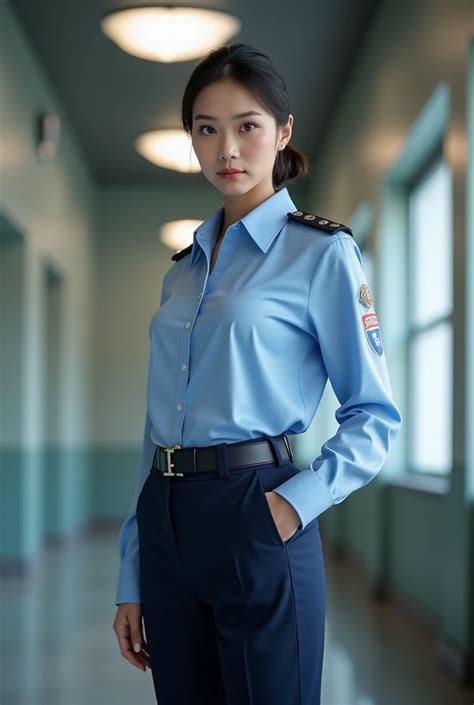 A Chinese Police Woman With Low Bun Hair Beautiful Face Light Blue