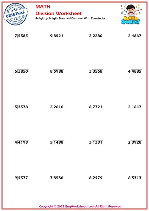 4 Digits By 1 Digits Division Worksheets And Exercise Engworksheets Worksheets Library