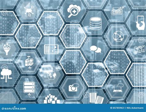 Cloud Computing Blue Blurred Background With Hexagon Shapes And Symbols