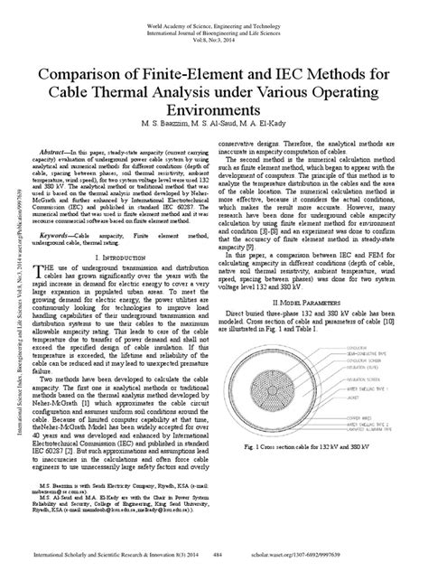 Comparison Of Finite Element And Iec Methods For Cable Thermal Analysis Under Various Operating