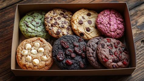 Assorted Gourmet Cookies In A Box With Various Toppings And Flavors For