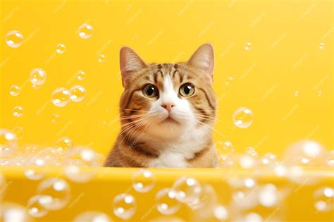 Premium Ai Image Cute Cat In The Bath On A Yellow Background With Soap Bubbles