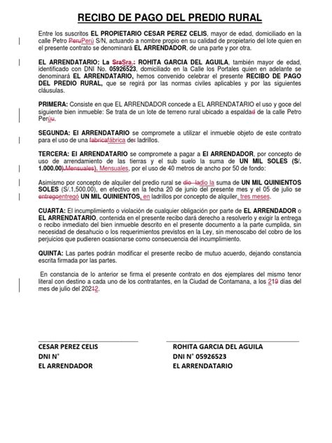 Recibo De Pago De Alquiler De Terreno Rural Pdf Desalojo Propiedad