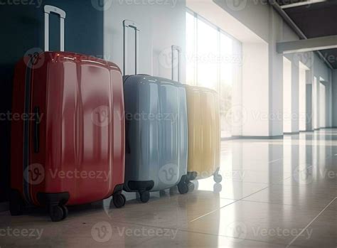 Closeup Shot Of Two Plastic Suitcases Standing At Empty Airport