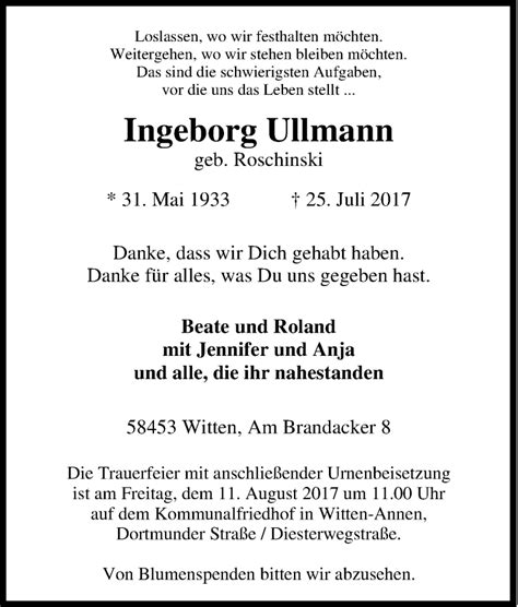 Traueranzeigen Von Ingeborg Ullmann Trauer In Nrwde
