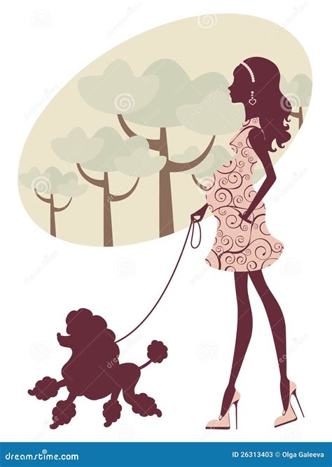 Beautiful Pregnant Lady Walking With Her Poodle Stock Vector