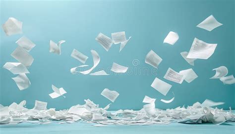 Flying Papers Scattered In The Air On A Blue Backdrop Stock Image