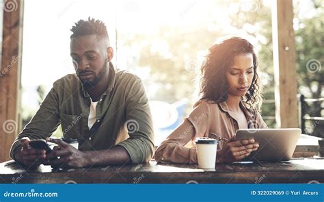 Cafe Couple And Ignore With Technology After Conflict Argument And