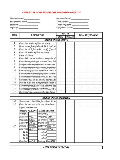 Generator Inspection Checklist Template