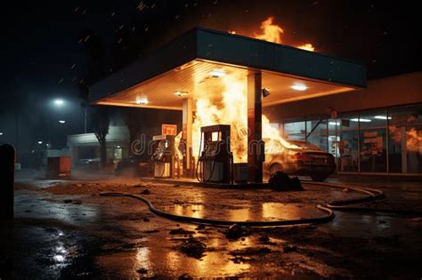 The Gas Station Is On Fire At Night Ai Generated Stock Illustration