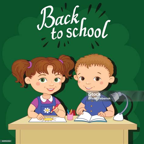 Lucu Murid Duduk Di Meja Baca Menggambar Kartun Tanah Liat Ilustrasi Latar Belakang Hijau