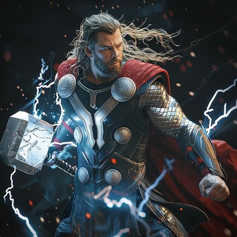 3d Rendered Photo Of Thor Wielding Mjolnir Lightning Crackling Around Him Premium Ai Generated