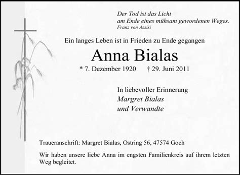 Traueranzeigen Von Anna Bialas Trauer In Nrw De