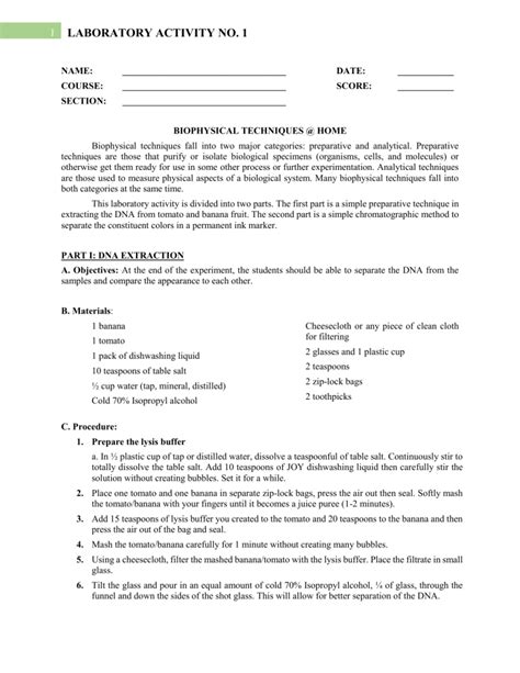Biophysical Techniques Lab Dna Extraction And Chromatography