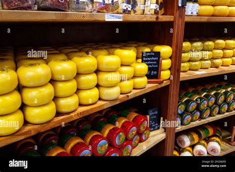 Dutch Gouda Cheeses On A Shelf In A Shop Amsterdam Netherlands Stock