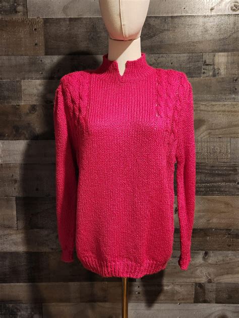 Vintage 1980s Hot Pink Knit Pullover Sweater Mock Neck With Cable