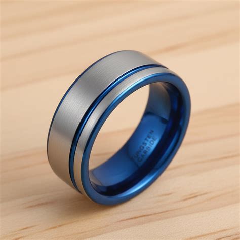 8mm Silver And Blue Grooved Tungsten Wedding Band — Brushed Finish