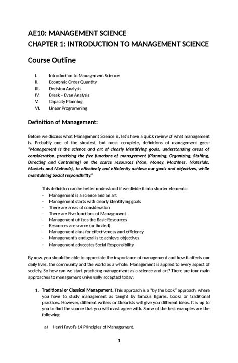 Ae10 Management Science Chapter 1 Introduction To Management Science