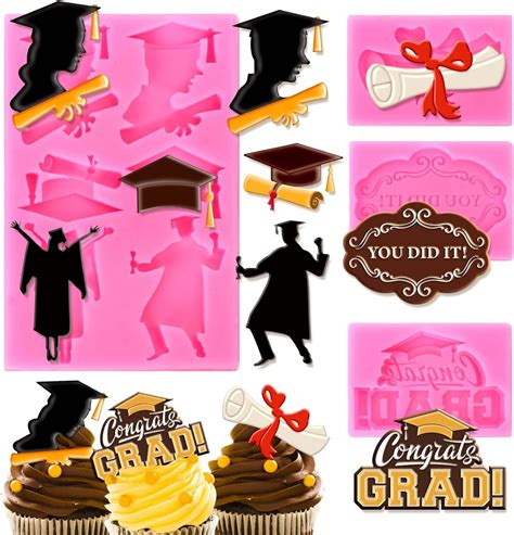 Whaline 4pcs 2026 Graduation Fondant Molds Grad Cap Diploma