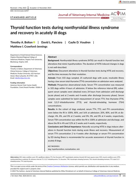 Veterinary Internal Medicne 2023 Bolton Thyroid Function Tests