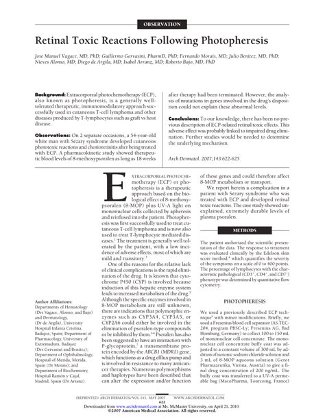 Pdf Retinal Toxic Reactions Following Photopheresis