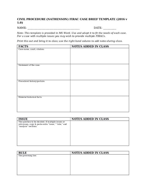 Civil Procedure Nathenson Firac Case Brief Template 2016 V 1 Doc Template Pdffiller