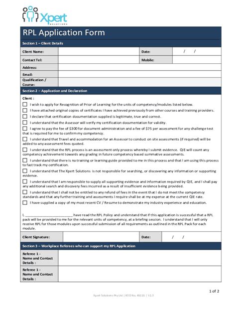 Fillable Online Rpl Application Form Xpert Solutions Fax Email Print