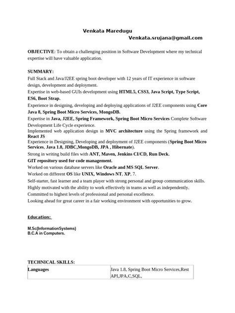 Full Stack Java Developer Resume Pdf Spring Framework Java