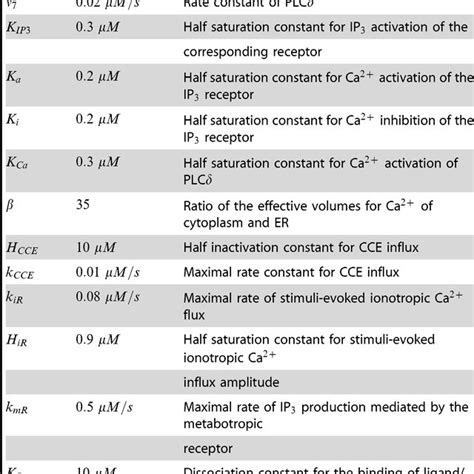 model parameters and used parameter values of the computational