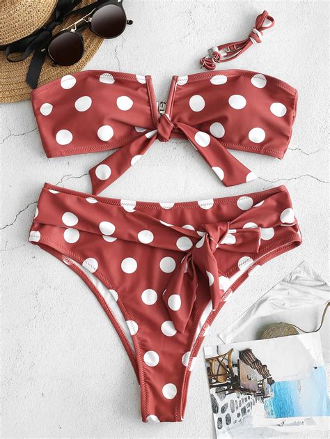 Zaful Cute Polka Dot Thong Bikini Sexy Bandeau Brazilian Bikini Set Bow