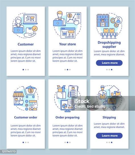 선형 설정 개념으로 모바일 앱 페이지 화면 온보딩 드롭배송 고객 주문 배송 단계 단계 그래픽 지침입니다 Ux Ui 그림이 있는 Gui 벡터 템플릿 직배송에 대한 스톡 벡터