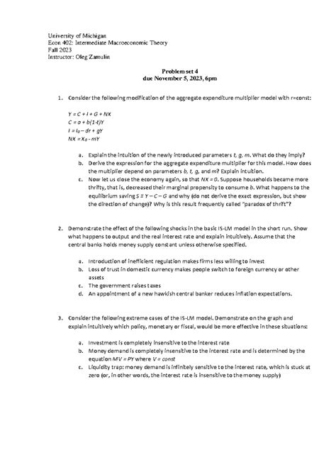 Problemset 4 Econ402 Fall23 University Of Michigan Econ 4 02