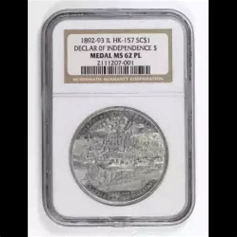 1892 So Called Dollar Ngc Ms 62 Pl Hk 157 Declar Of Independence Columbian Expo 37mm Lost