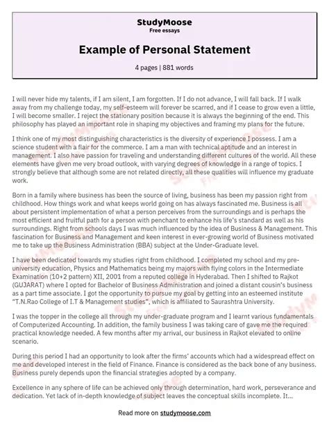Example Of Personal Statement Free Essay Example