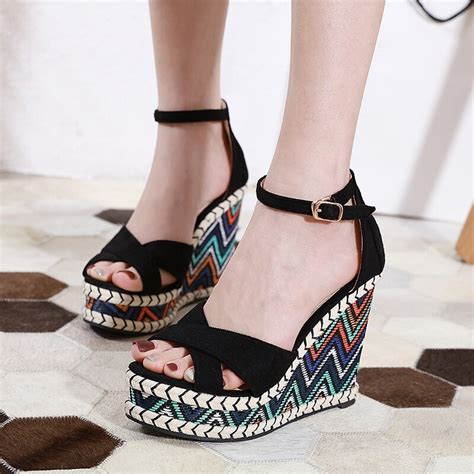 12cm High Heels Platform Wedges Shoes Black High H Grandado
