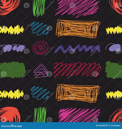 Abstract Colorful Scribbles Shapes Seamless Pattern Black Background Stock Vector