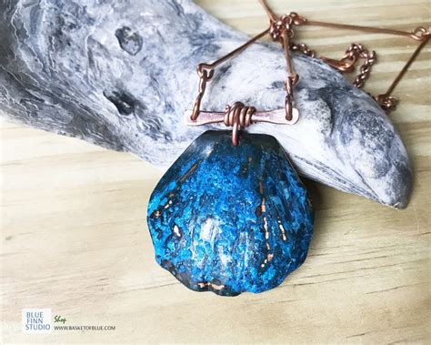 Blue Patina Necklace Handforged Textured Clam Shell Pendant Rustic