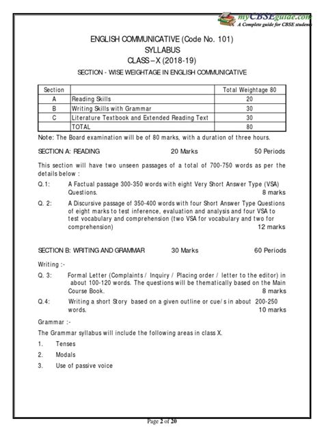 English Communicative Code No 101 Syllabus Class X 2018 19 Pdf