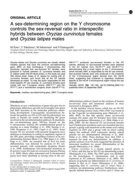 Pdf A Sex Determining Region On The Y Chromosome Controls The Sex