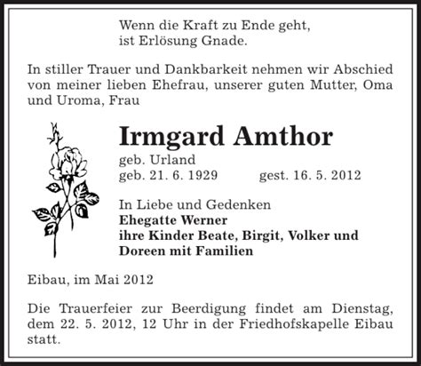 Traueranzeigen Von Irmgard Amthor Trauer Anzeigen De