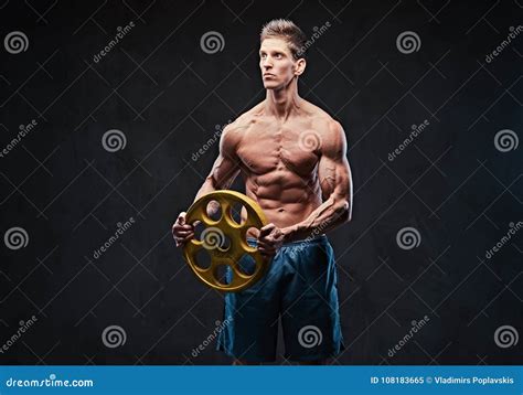 Ectomorph Shirtless Athletic Male Holds Barbell Weight Stock Image